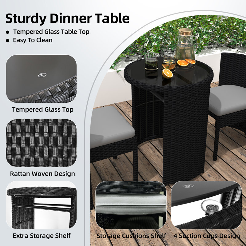 Raakel Round 2 Person 24.4 D Outdoor Bistro Set PE Wicker Space Saving Dinner Chair Tempered Glass Table for Backyard Balcony Deck Restaurant